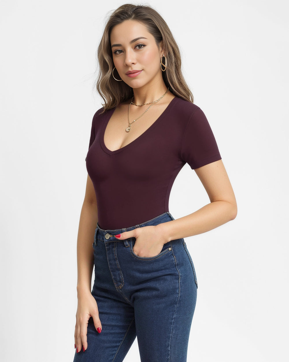 MANGOPOP Women's V Neck Short Sleeve Long Sleeve Slim Fit T Shirt Tuni